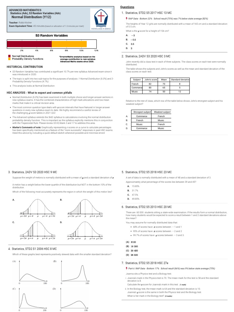 12 Smarter HSC Normal Distribution (Y12) | PDF | Normal Distribution ...