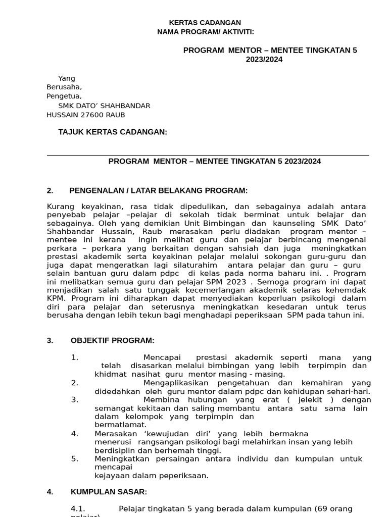 Kertas Cadangan Program Mentor Mentee | PDF