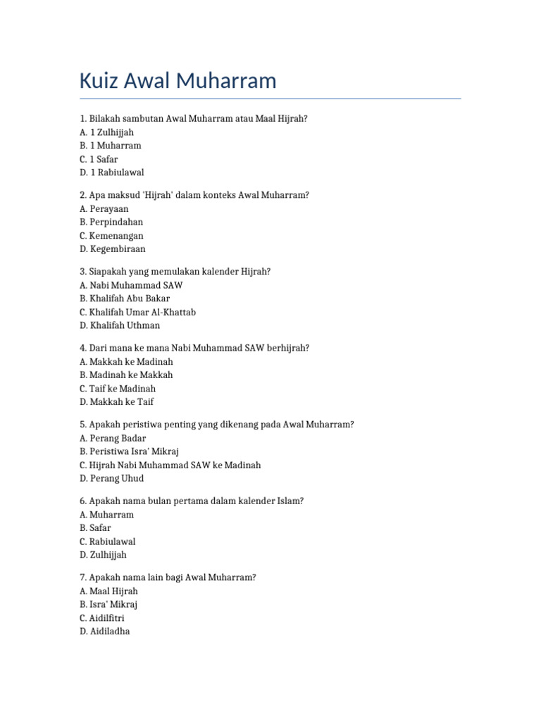 Kuiz Awal Muharram | PDF