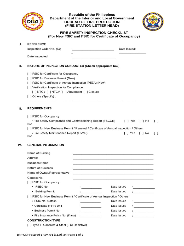 FSED 61F Fire Safety Inspection Checklist For New FFSIC and FSIC For ...