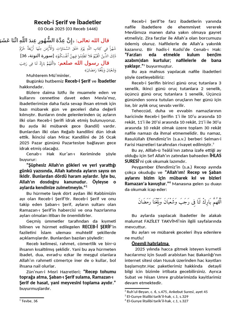 Hutbe 20250103 - Recebi Şerif Ve Ibadetler | PDF