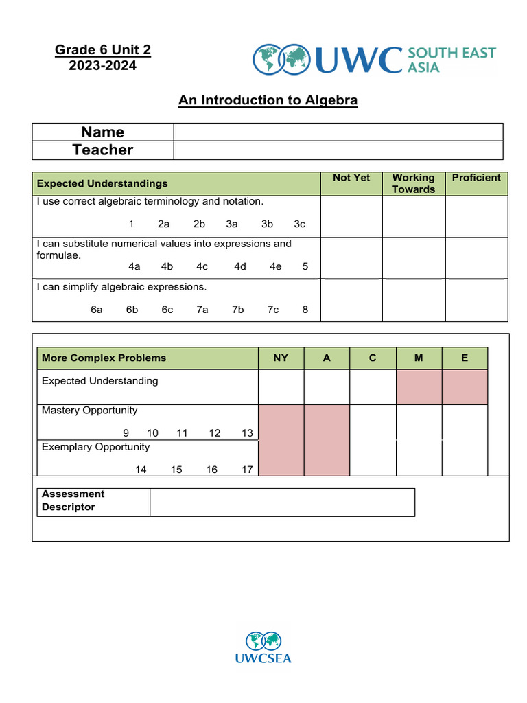 G6 Algebra Assessment 2023-24 | PDF | Algebra | Mathematics