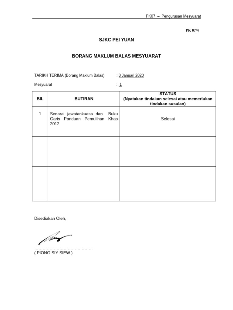 Borang PK 07 5 BORANG MAKLUM BALAS | PDF