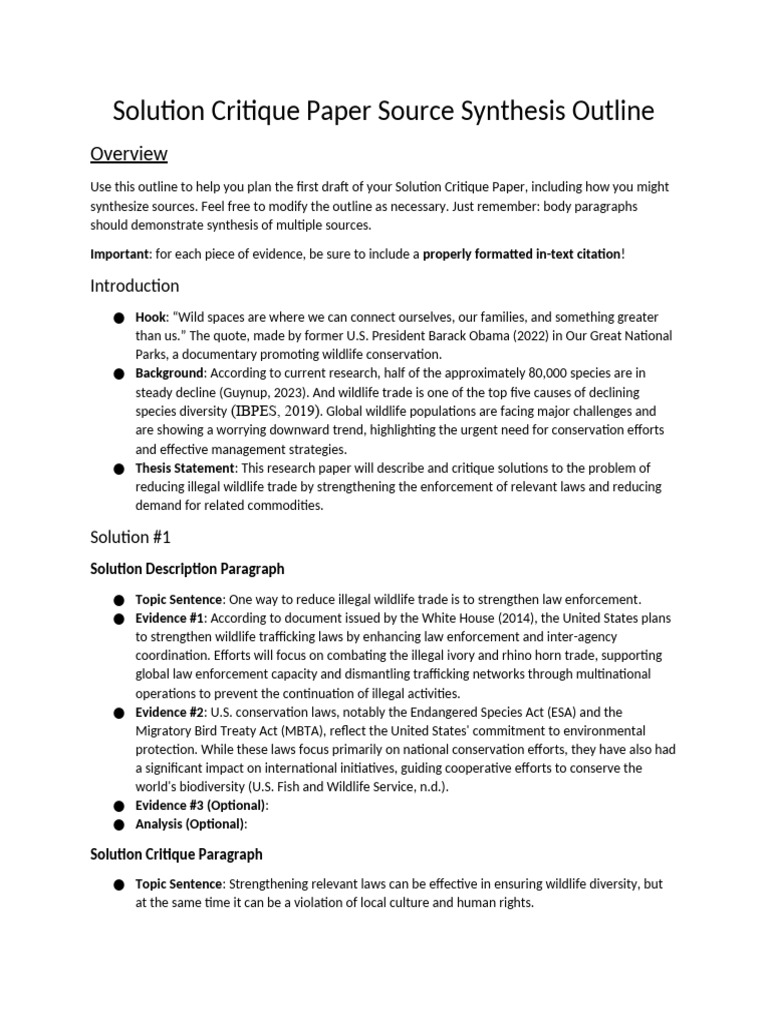 Solution Critique Paper Outline | PDF | Poaching | Crime & Violence