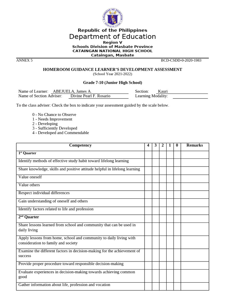 Grades 7 10 Homeroom Guidance Learners Development Assessment | PDF ...