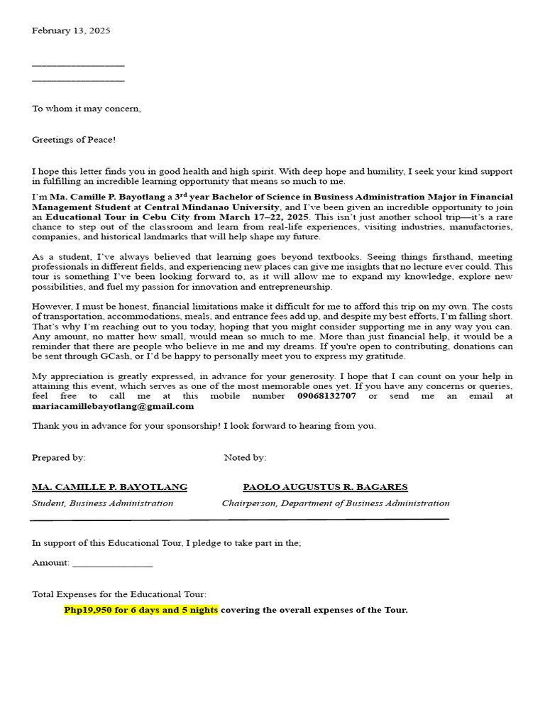 Educ Tour Solicitation Letter (Gulong) | PDF