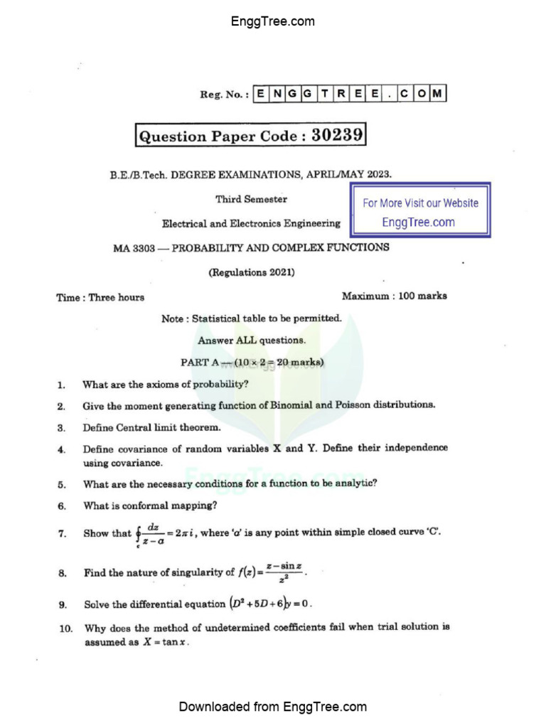 MA3303 Probability and Complex Functions Apr May 2023 Question Paper Download | PDF