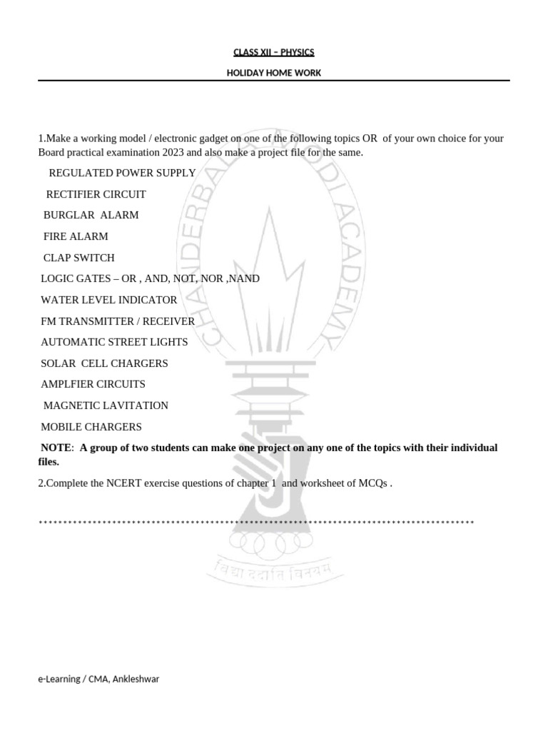 PHYSICS Holiday Homework - XII - 2024-25 | PDF