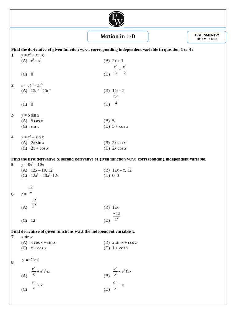 Motion in 1D-Assignement-2 - Arjuna Batch | PDF | Sphere | Mathematical Objects