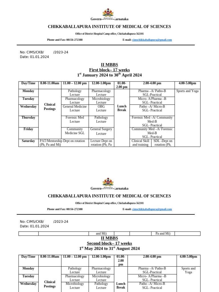 II MBBS Schedule 2024 CIMS Chikkaballapura | PDF | Pathology | Medicine
