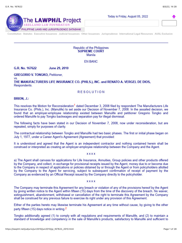 10.a. Tongko v. ManuLife - G.R. No. 167622 | PDF | Law Of Agency ...