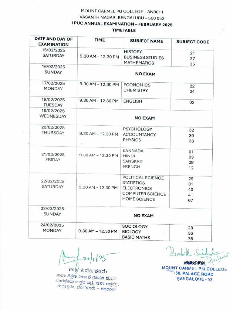 I Pu Annual Examination Time Table Feb - 2025 | PDF