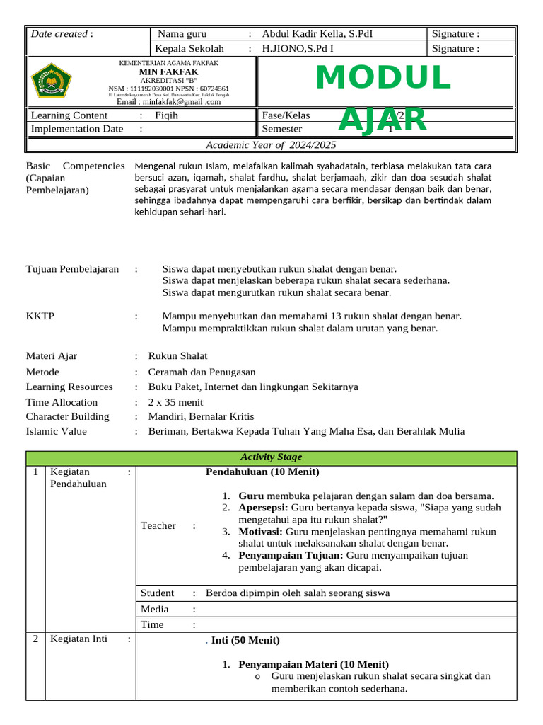 Modul Ajar Fiqih Kls 2 TTG Rukun Sholat | PDF
