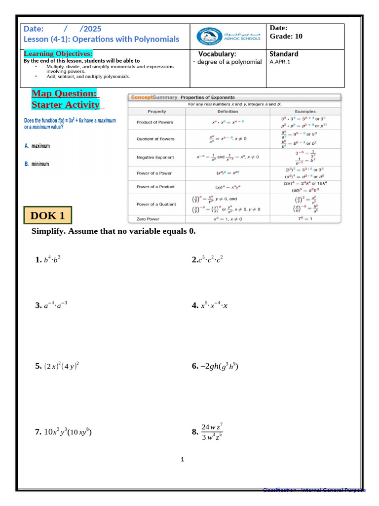 Operations with Polynomials Lesson Plan | PDF