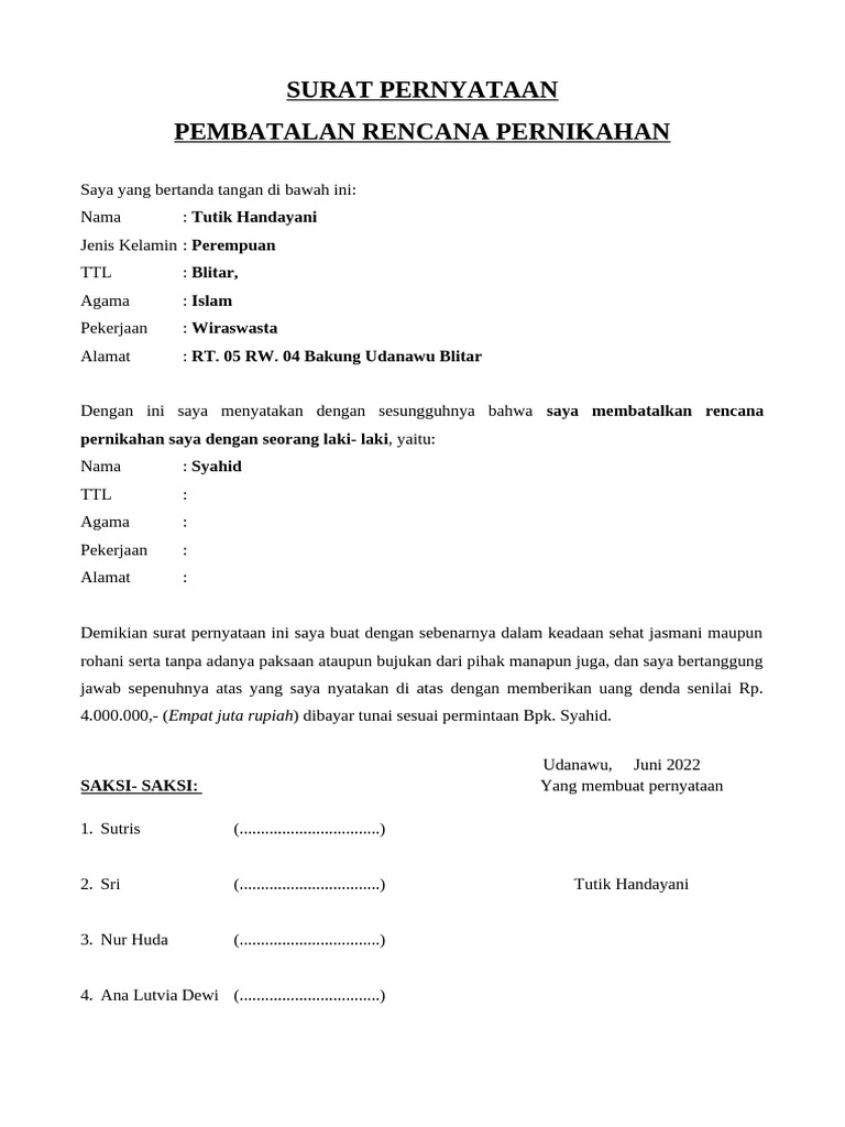 Surat Pembatalan Rencana Pernikahan | PDF