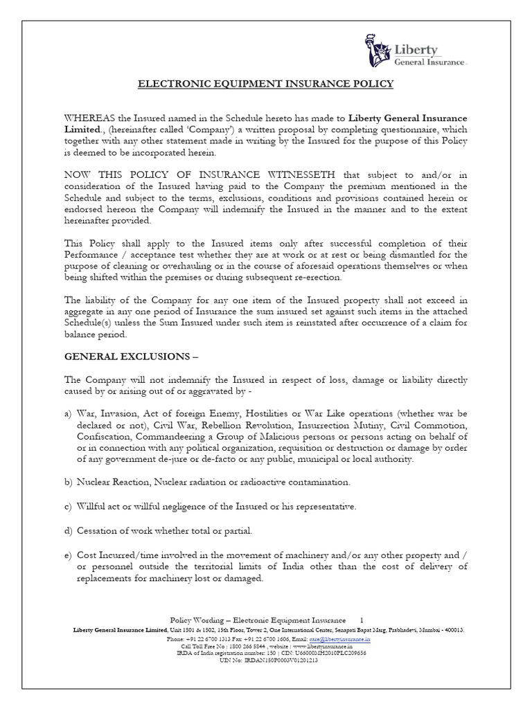 ELECTRONIC EQUIPMENT - Policy Wording | PDF | Insurance | Arbitral Tribunal