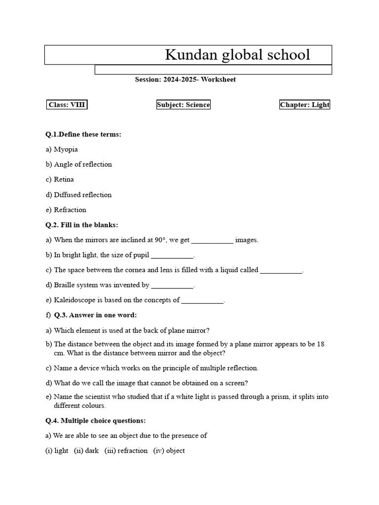 Science - L-16 Light Worksheet (VIII) 2023 | PDF