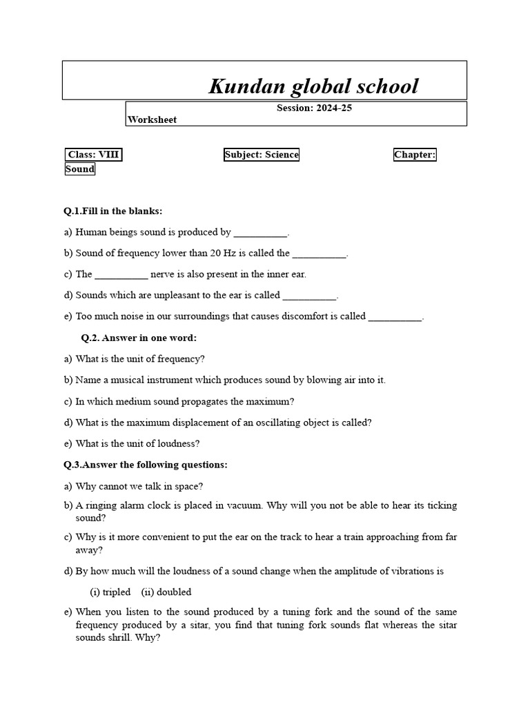 Class 8 Science Sound Worksheet | PDF