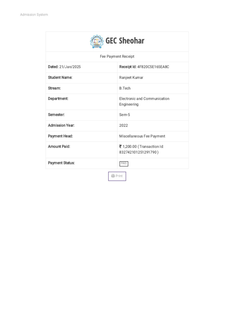 Student Fee Payment Confirmation | PDF