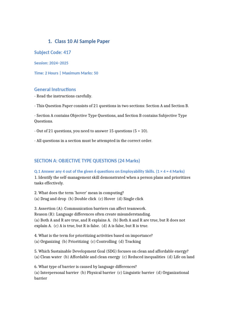 Class 10 AI Sample Paper 2024-25 | PDF | Artificial Intelligence ...
