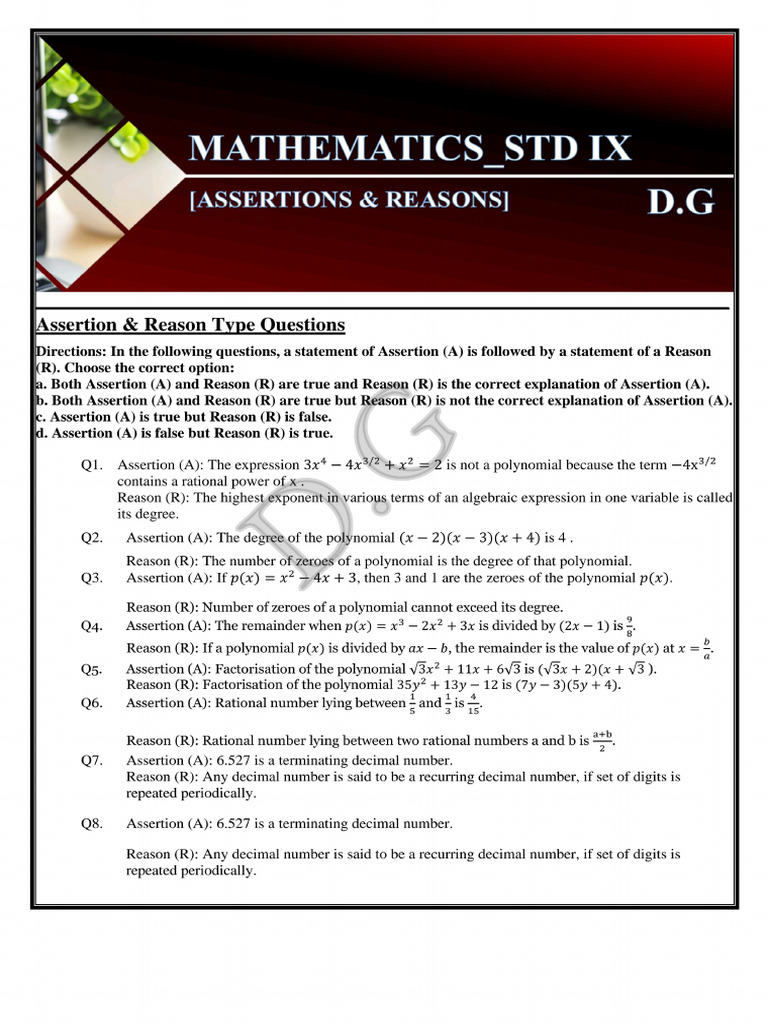 STD Ix - Assertions & Reasons | PDF