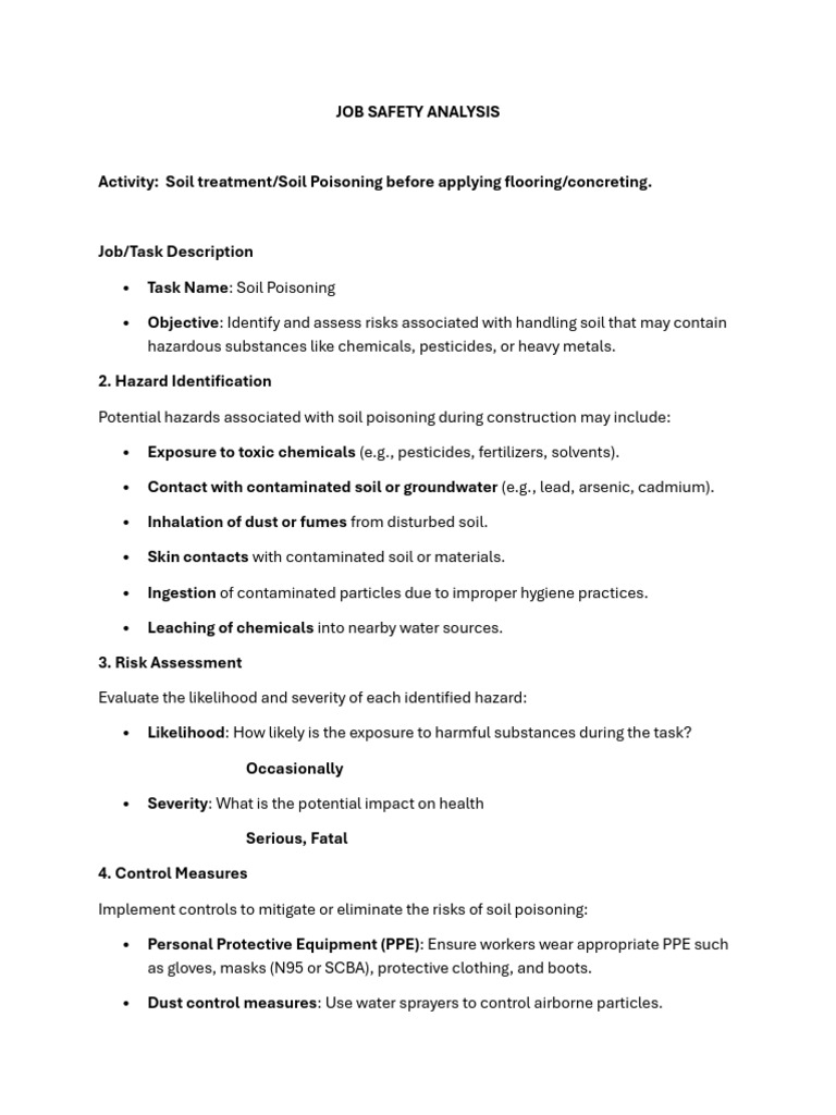 JOB SAFETY ANALYSIS for Soil Poisoning | PDF | Personal Protective ...