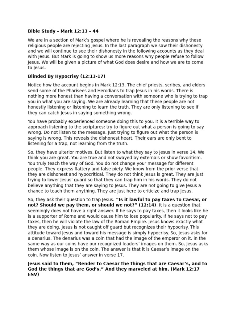 Bible Study - Mark 12 13 - 44 | PDF | Jesus | Bible