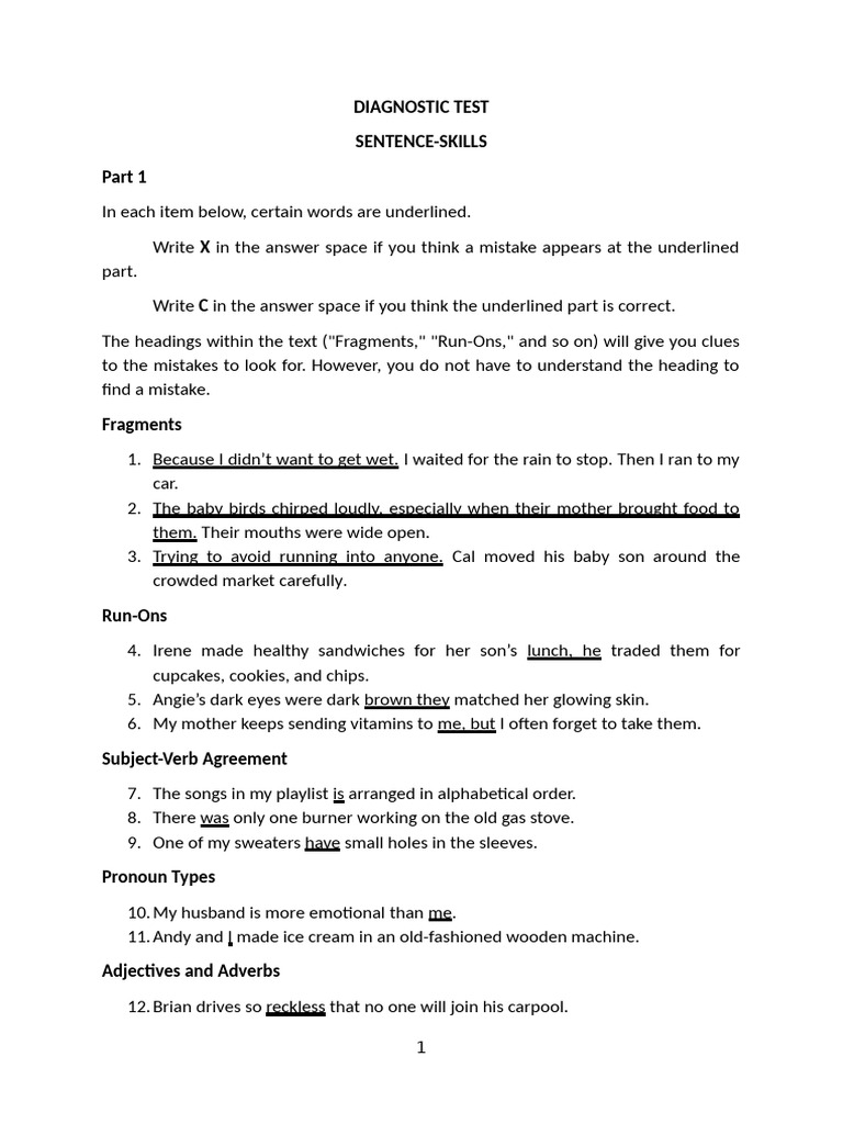 Diagnostic Test: Sentence Skills | PDF