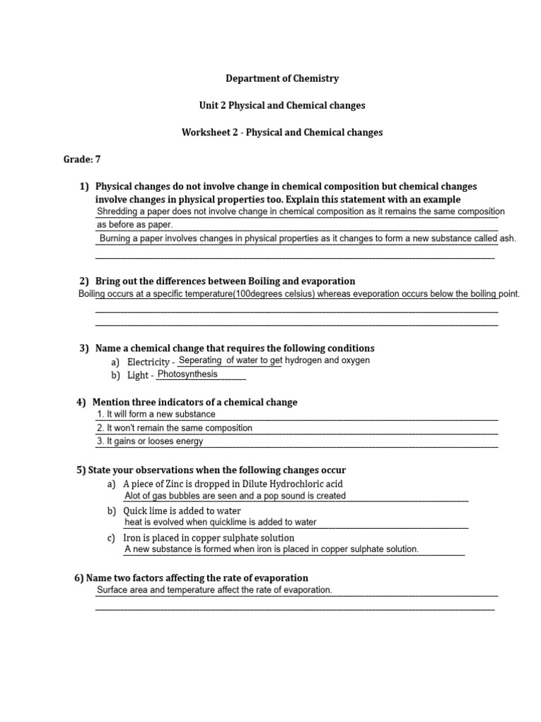 Unit 2 Assignment Worksheet 2 - Physical & Chemical Changes | PDF | Chemical Substances ...