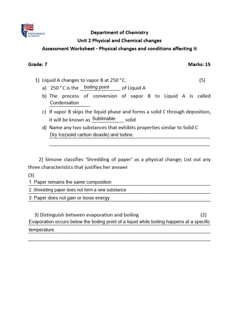 Unit 2 Assessment Worksheet 1 - Physical Changes and Conditions ...