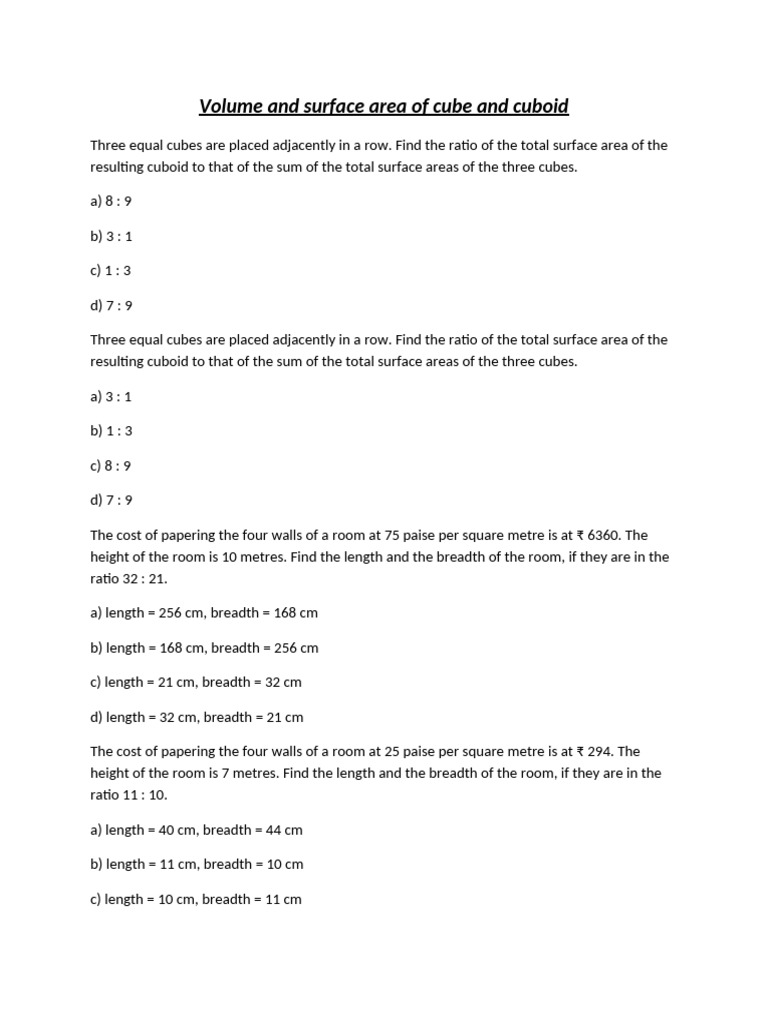 Volume and Surface Area of Cube and Cuboid Worksheet | PDF | Volume ...