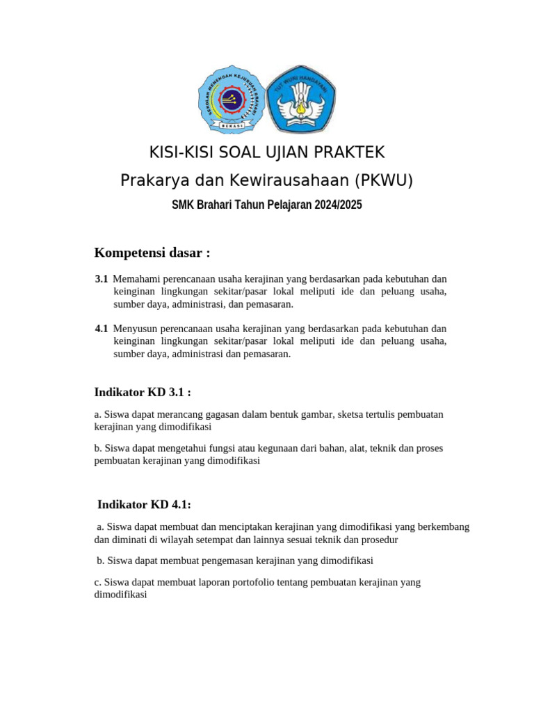 Kisi-Kisi Ujian Praktek PKWU Kelas 12 SMK Brahari 2024-2025 | PDF
