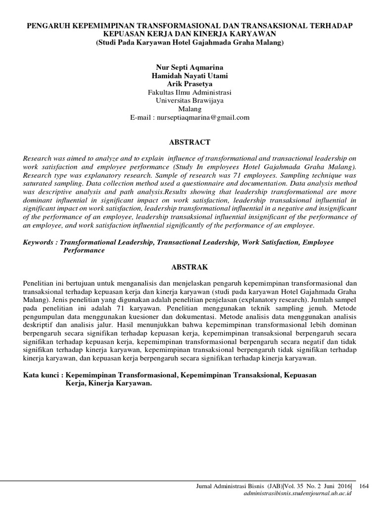 Pengaruh Kepemimpinan Transformasional Dan Transaksional Terhadap | PDF