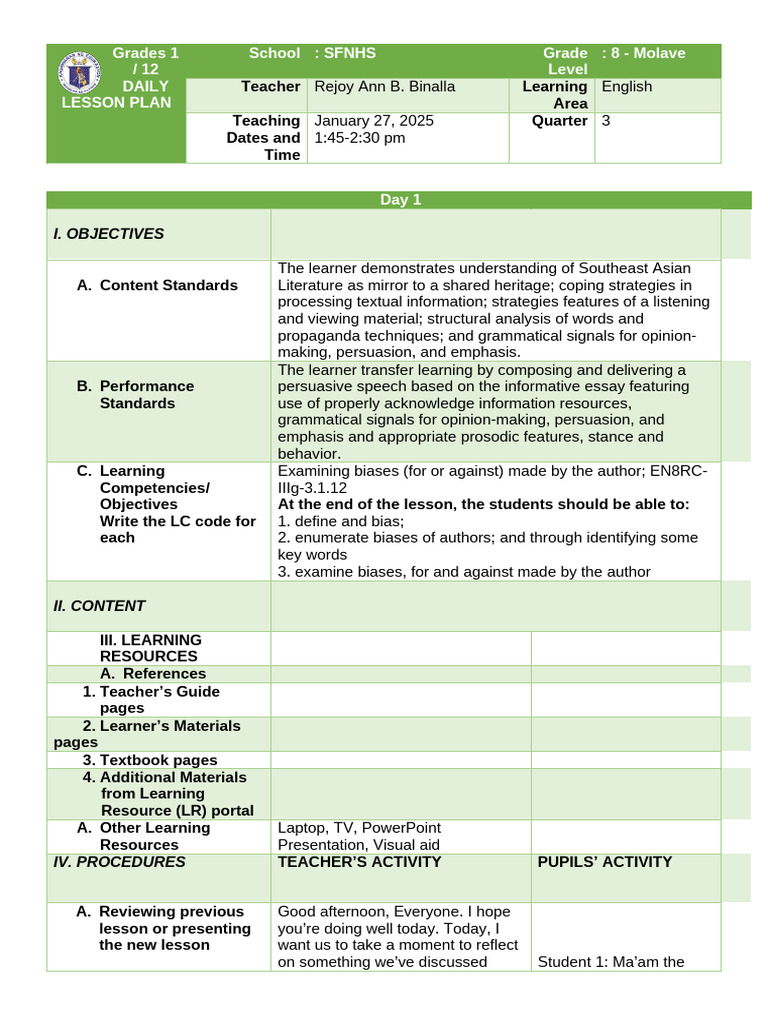 Lesson Plan | PDF | Bias | Learning