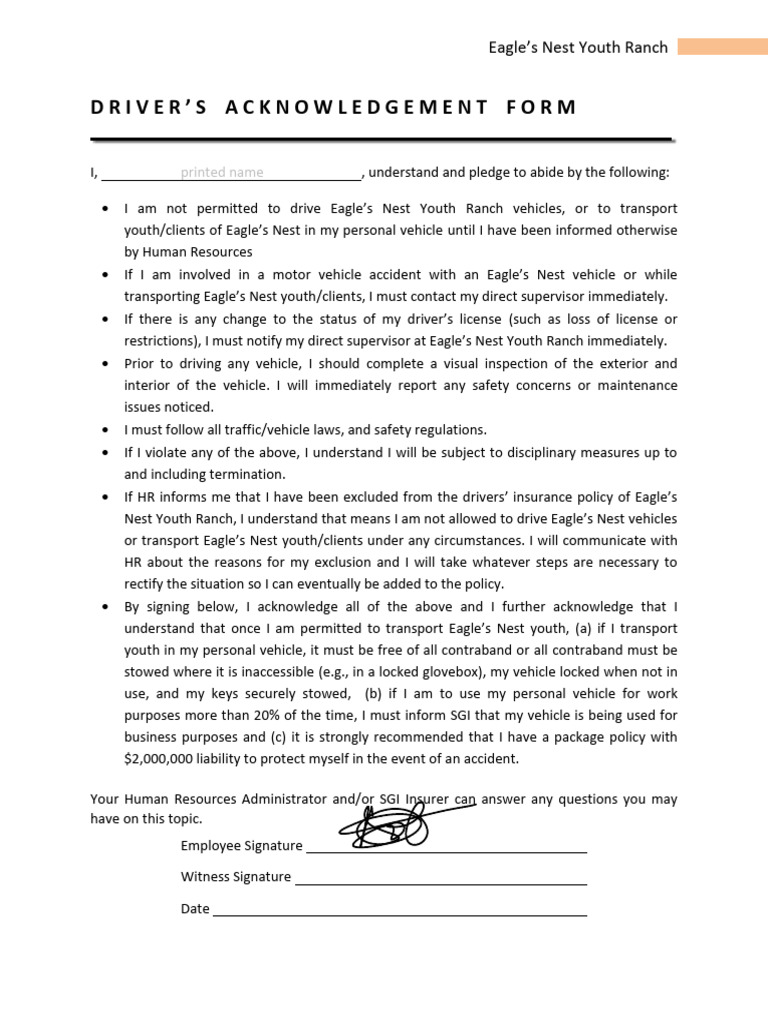 Drivers Acknowledgement Form | PDF | Transport