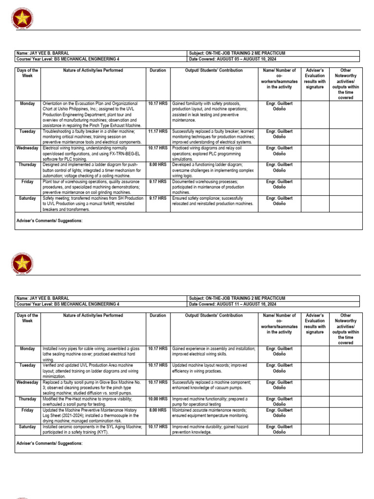 OJT-WEEKLY-ACCOMPLISHMENT-FINAL - Copy | PDF | Programmable Logic Controller | Pump