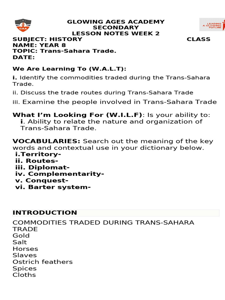 Term 2 Lesson Note for History Year 8 Week 2 | PDF