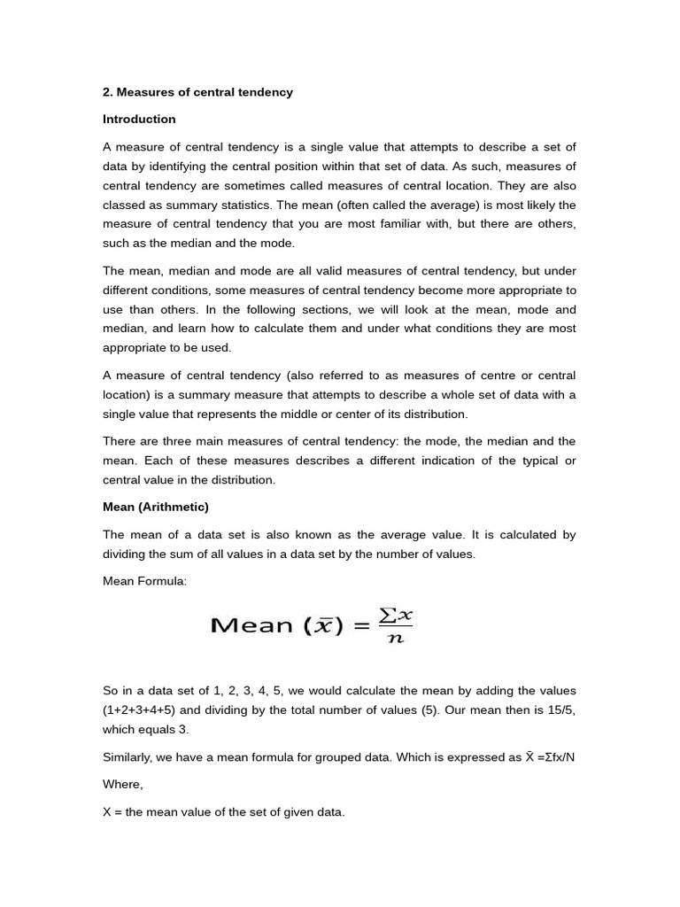 Overview of Central Tendency Measures | PDF | Arithmetic Mean | Mode ...