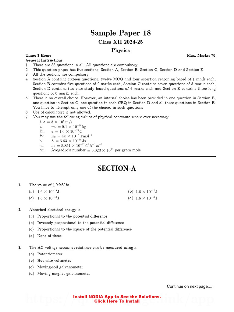 CBSE Class 12 Physics Sample Paper 18 | PDF | P–N Junction | Magnetism