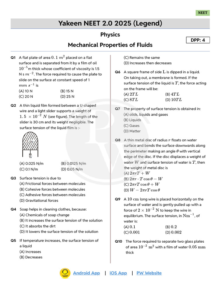 Mechanical Properties of Fluids DPP 04 | PDF | Surface Tension | Liquids