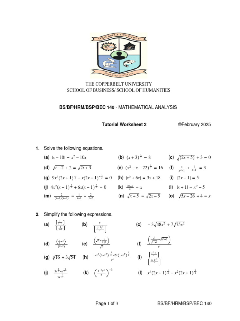BS 140 Worksheet 2 2025 | PDF | Quadratic Equation | Numbers