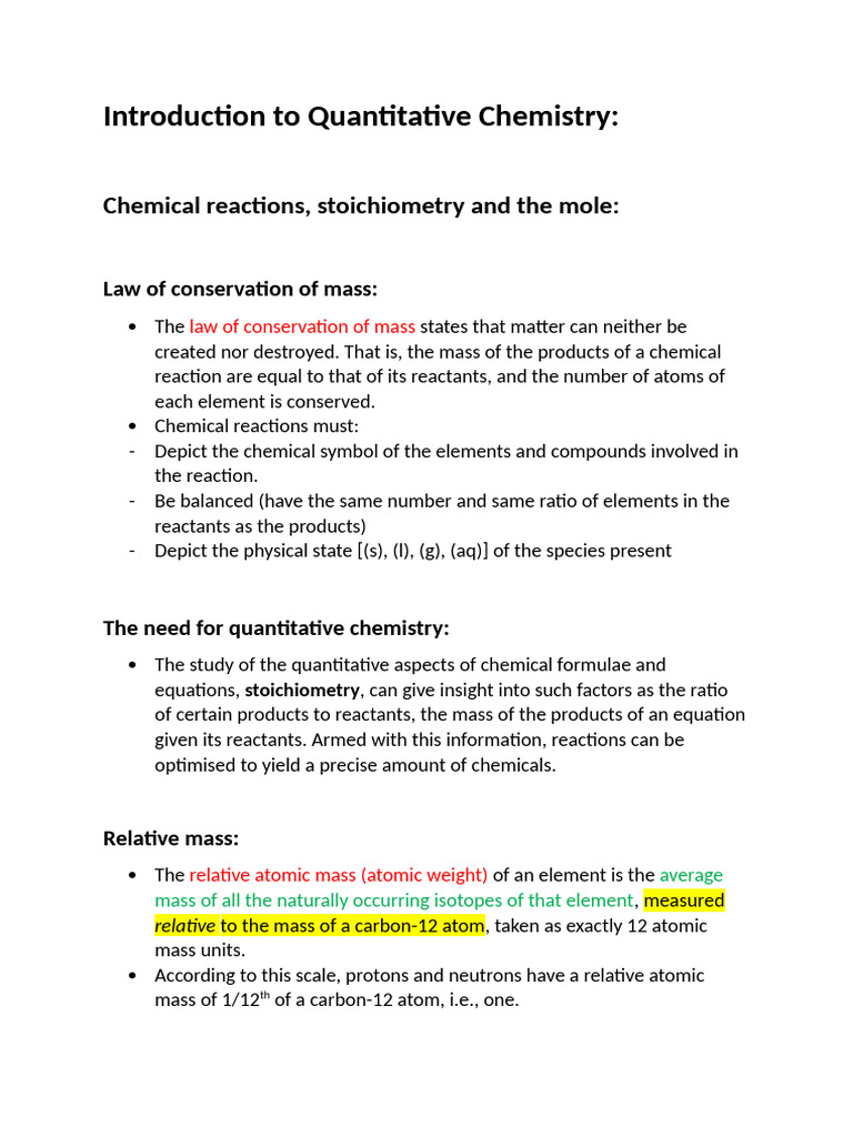 Introduction to Quantitative Chemistry | PDF | Mole (Unit) | Gases