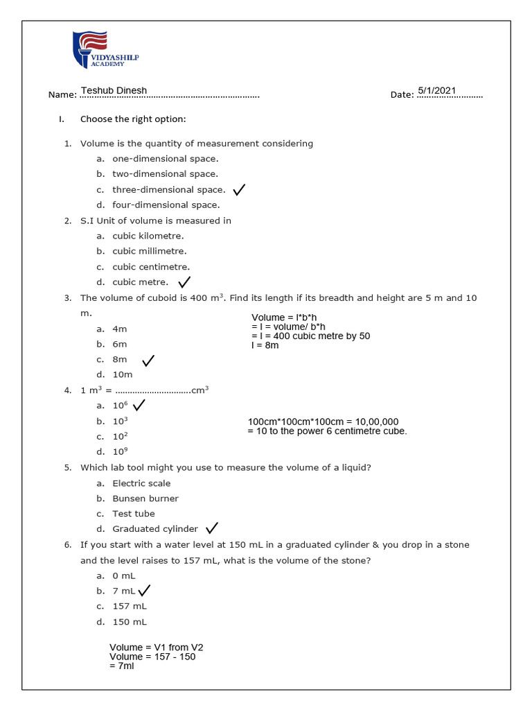 Grade 7 Physics Volume Quiz | PDF