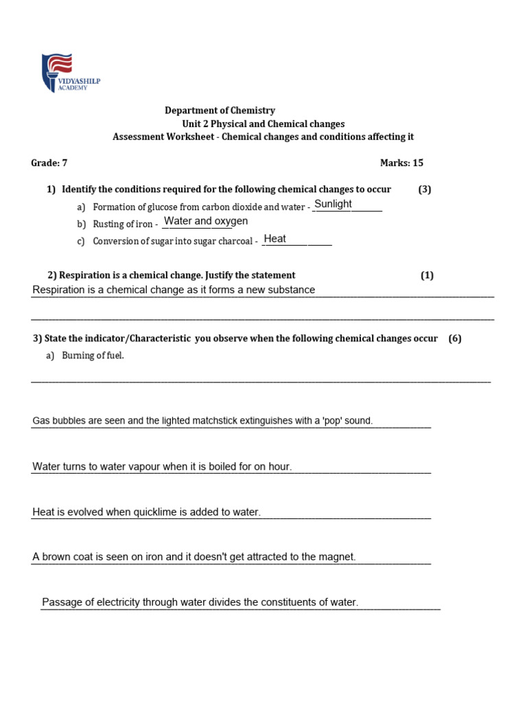 Chemical Changes Assessment Worksheet | PDF | Chemical Substances | Water