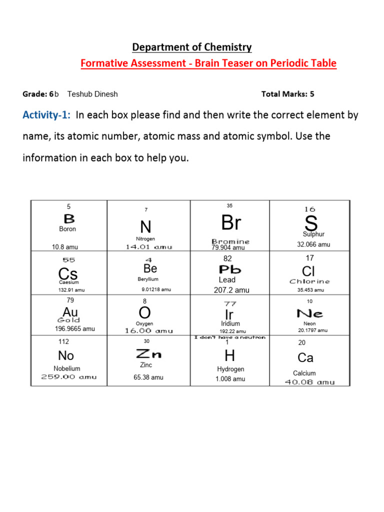 Unit 13 Periodic Table - Brain Teaser | PDF