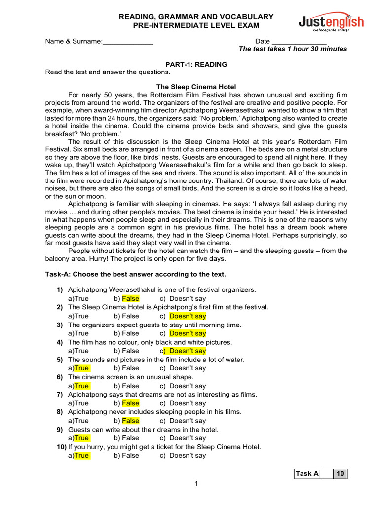 Pre-Intermediate English Exam | PDF | Movie Theater