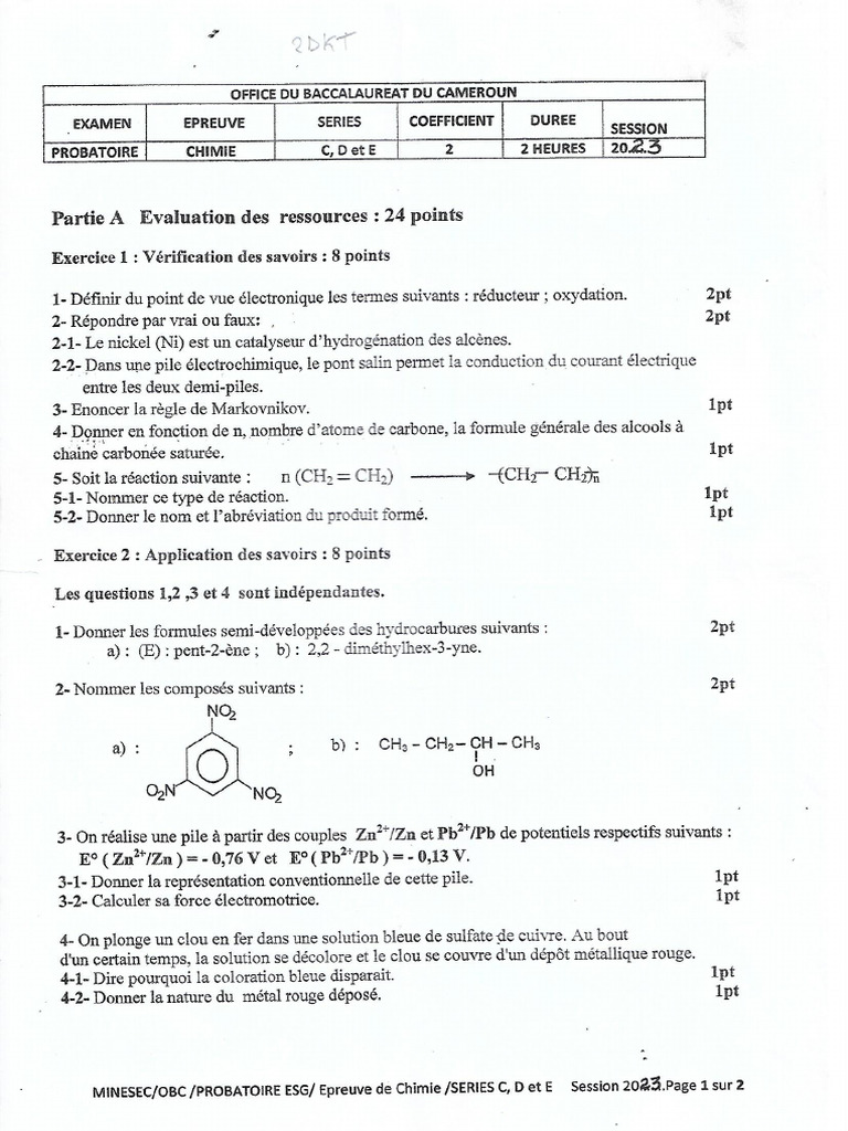 Probatoire C D e Ti Chimie 2023 | PDF