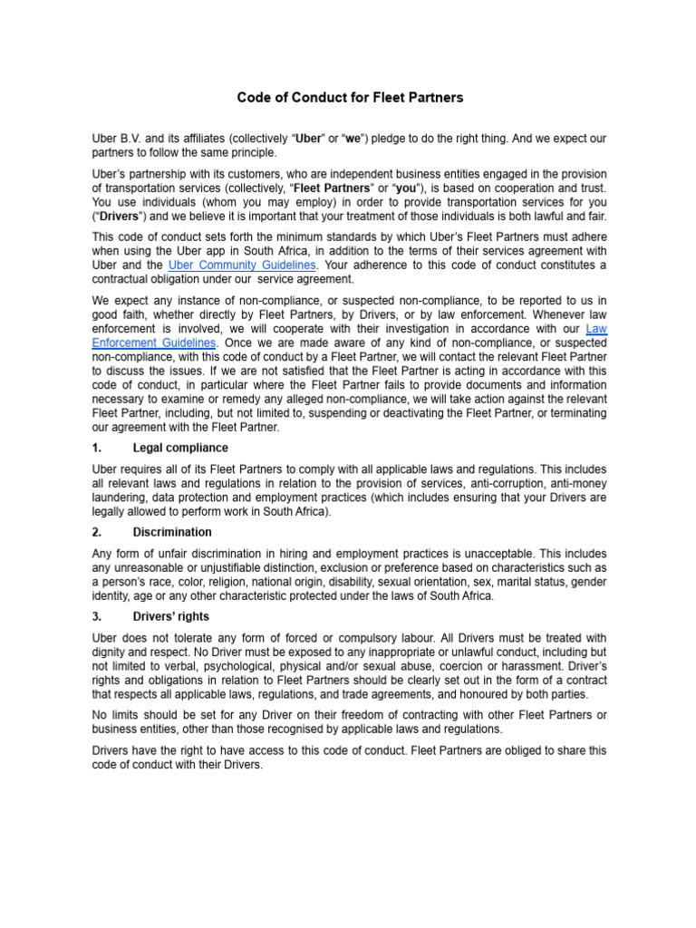 Uber Fleet Partners Code of Conduct | PDF | Discrimination ...
