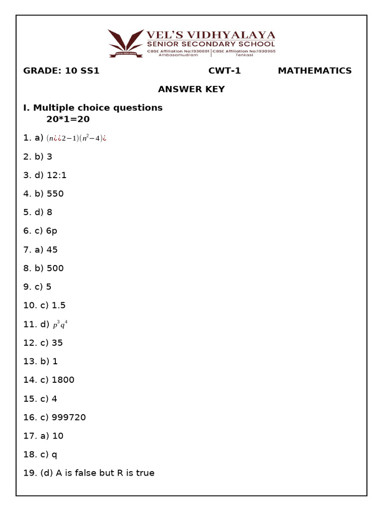 g10 Ss1 Ans Key Maths Cwt-1 16.09.2024 | PDF | Arithmetic | Mathematics