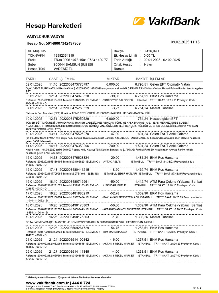 Vakifbank Statement | PDF